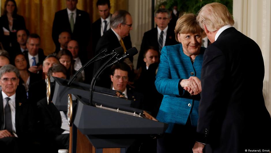 Clumsy Trump meets confident Merkel